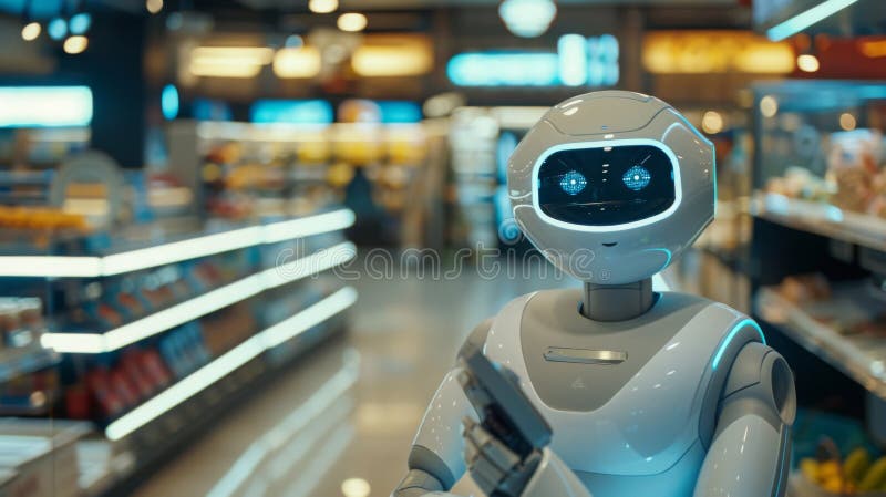 Robot Assistant Navigating Supermarket Aisle Stock Image - Image of ...