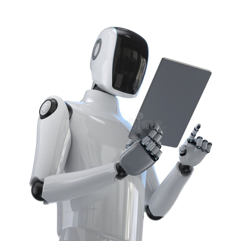 Humanoid Robot with Digital Tablet Isolated on White Stock Illustration ...