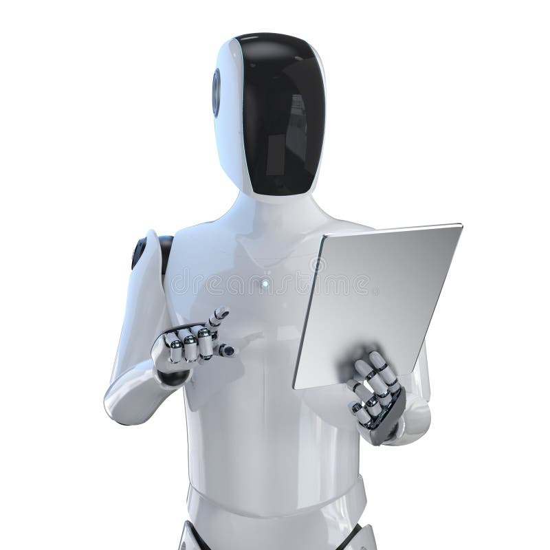 Humanoid Robot with Digital Tablet Isolated on White Stock Illustration ...