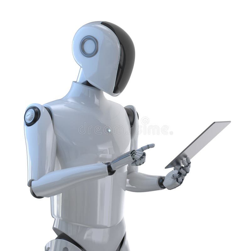 Humanoid Robot with Digital Tablet Isolated on White Stock Illustration ...