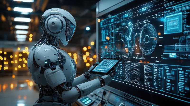 A HUMANOID ROBOT with a DIGITAL TABLET in ITS HAND, LOOKING at a LARGE ...