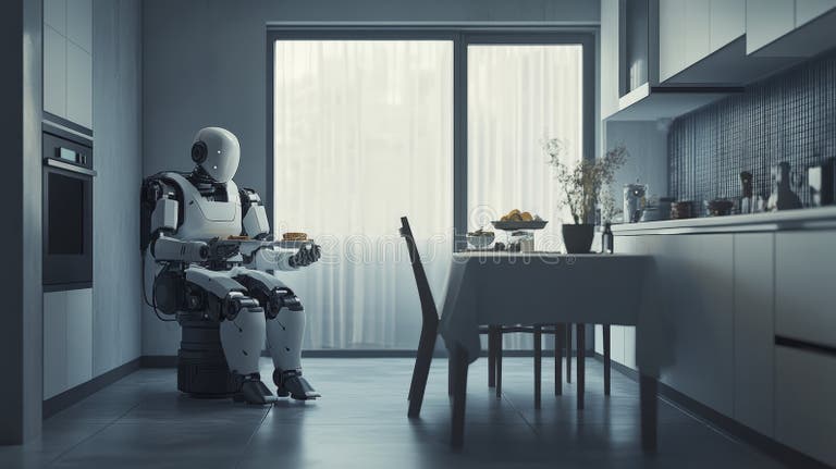 Humanoid Robot Dining in a Modern Kitchen Setting and Interior Design ...