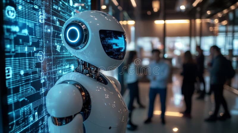 A Humanoid Robot Displays Advanced Technology at a Busy Tech Exhibition ...