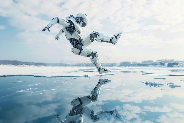 Humanoid Robot Doing a Backflip and Reflecting on Ice, AI Generated ...