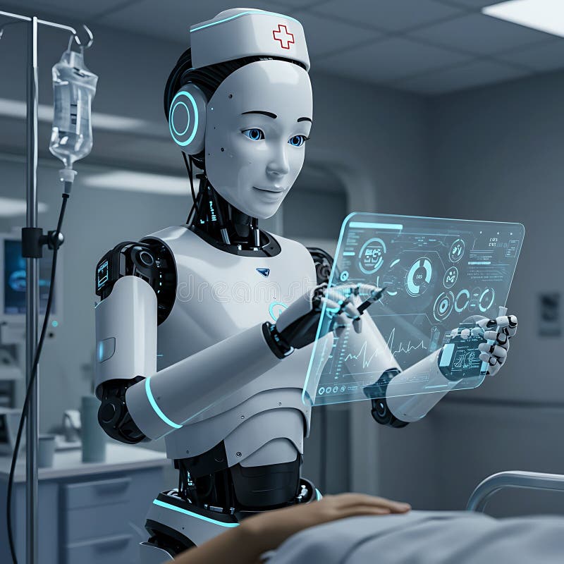 A Humanoid Robot, Dressed As a Nurse, Operates an Advanced Digital ...
