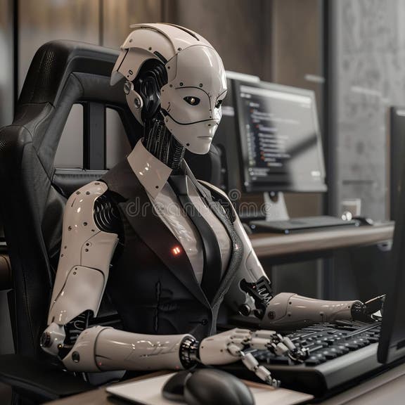 A Humanoid Robot Sits at a Desk in a Corporate Office, Using a Computer ...
