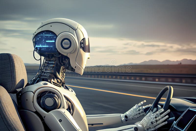 Humanoid Robot Driving Autonomous Car, Future Technology Concept Stock ...
