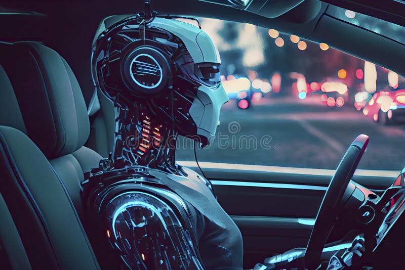 Humanoid Robot Driving Autonomous Car, Future Technology Concept Stock ...