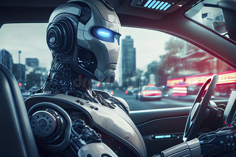 Humanoid Robot Driving Autonomous Car, Future Technology Concept Stock ...