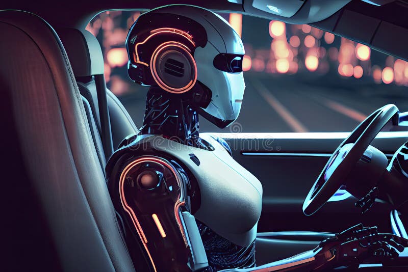 Humanoid Robot Driving Autonomous Car, Future Technology Concept Stock ...