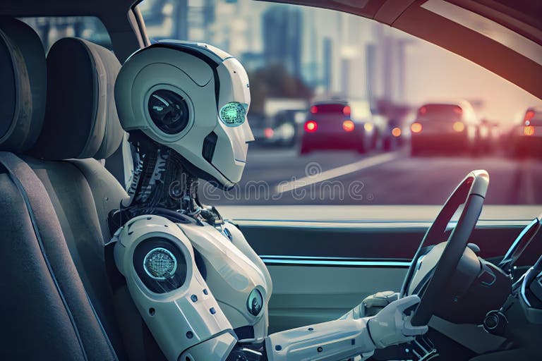 Humanoid Robot Driving Autonomous Car, Future Technology Concept Stock ...