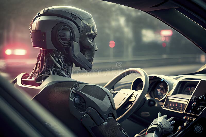 Humanoid Robot Driving Autonomous Car, Future Technology Concept Stock ...