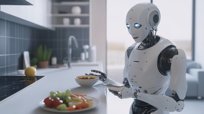 Humanoid Robot Eating Vegetables in Modern Kitchen Stock Illustration ...