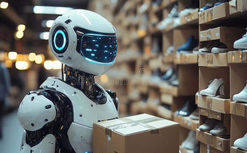 Humanoid Robot Organizing Boxes in a Modern Warehouse Setting Stock ... Humanoid Robot Organizing Boxes in a Modern Warehouse Setting Stock ...