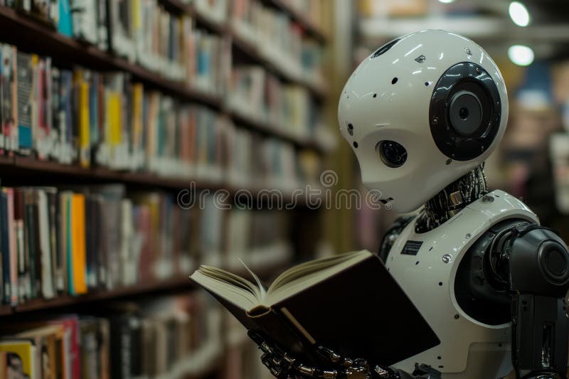 Humanoid Robot Engaged in Reading a Book while Exploring a Library S ...