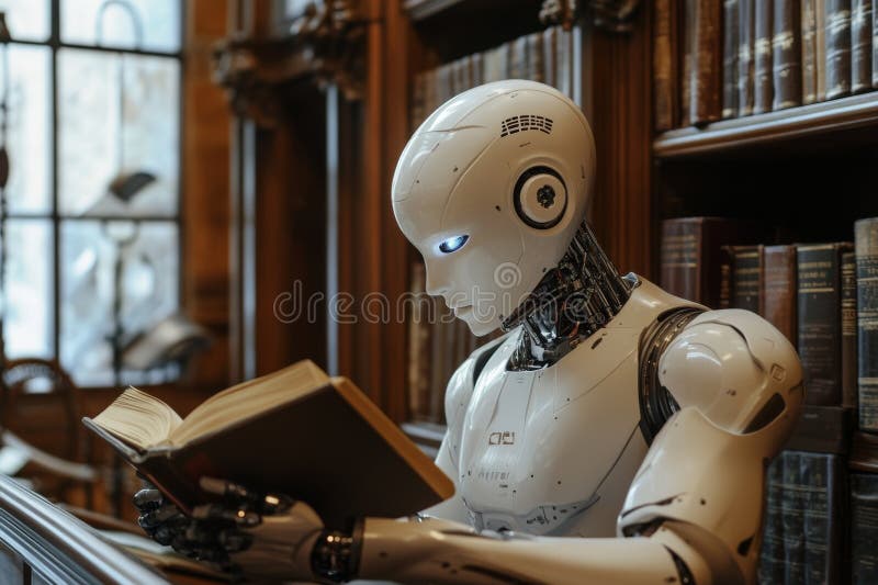 Humanoid Robot Engaged in Reading a Book within a Library Environment ...