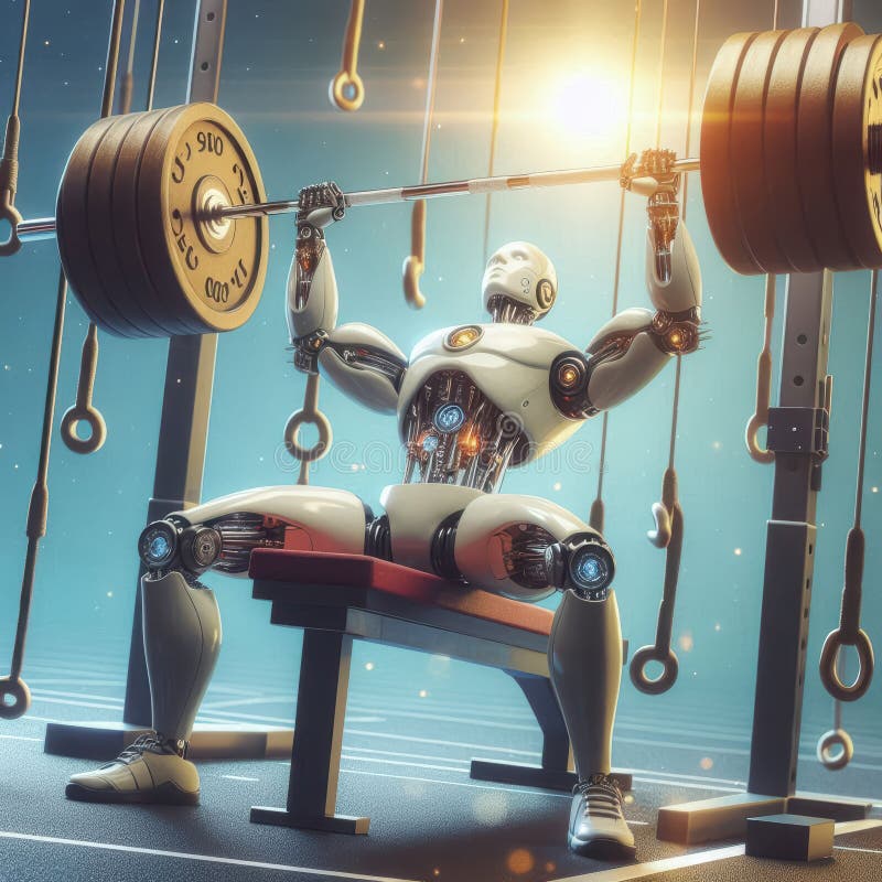 Robot Performs Bench Press in a Futuristic Gym, Showcasing Advanced Technology and Strength ...