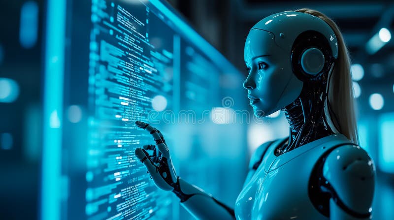 A Humanoid Robot Engages with a Bright Blue Holographic Display Filled ...