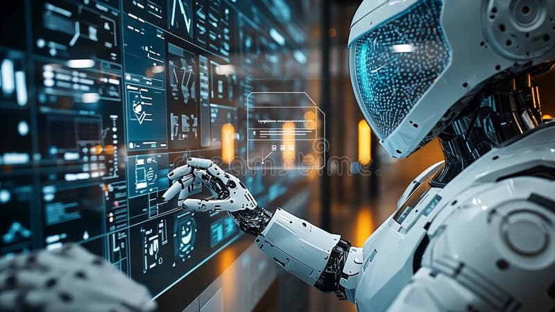 A Humanoid Robot Interacting with a Digital Interface in a Futuristic ...