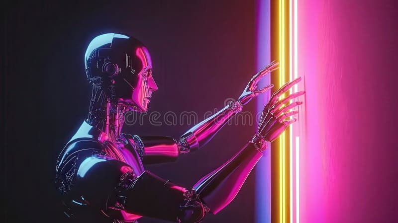 Humanoid Robot Engaging with Holographic Display Stock Illustration ...