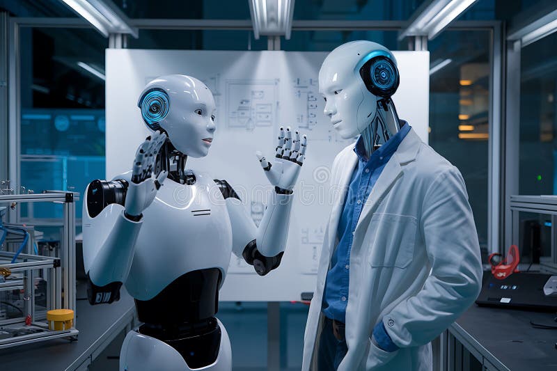Humanoid Robot and Engineer Collaborate in a Bright High-tech Lab with ...