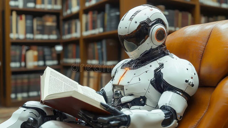 Humanoid Robot Engrossed in a Book in a Library Stock Photo - Image of ...