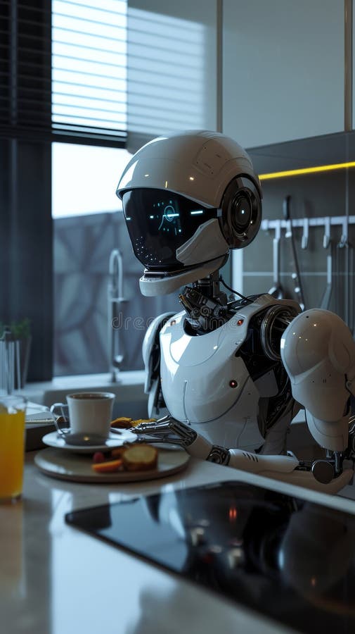 Humanoid Robot Enjoying Breakfast in Modern Kitchen Stock Image - Image ...