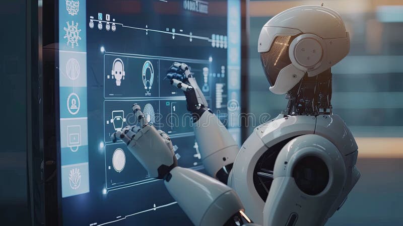 A Humanoid Robot, Equipped with a Touchscreen Interface, Interacts with ...