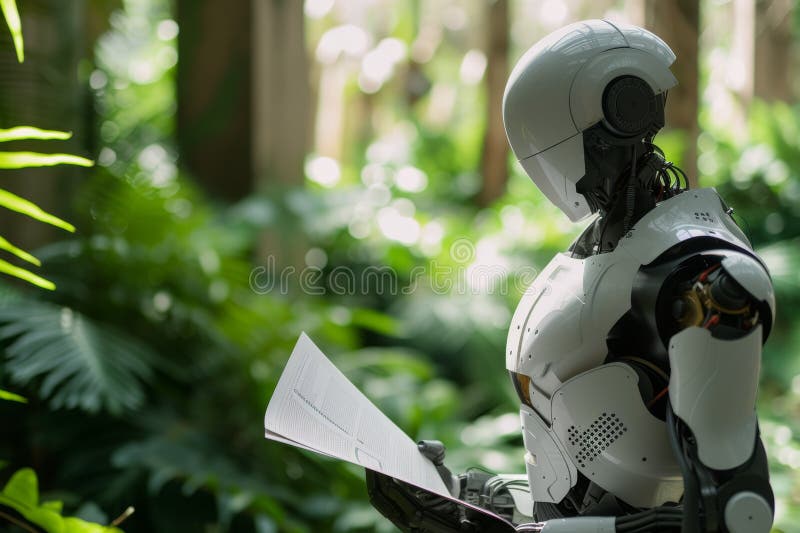 A Humanoid Robot Examines a Paper Document Amidst Lush Greenery in a ...