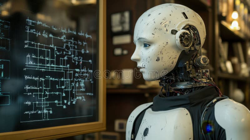 Humanoid Robot Examining Electronic Schematics on a Display Stock Image ...