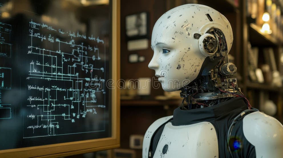Humanoid Robot Examining Electronic Schematics on a Display Stock Image ...