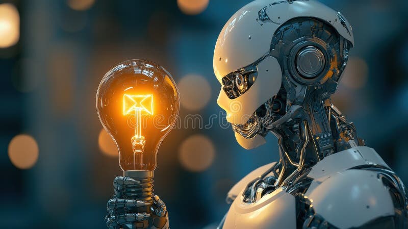 Humanoid Robot Examining a Glowing Lightbulb in an Industrial Setting ...