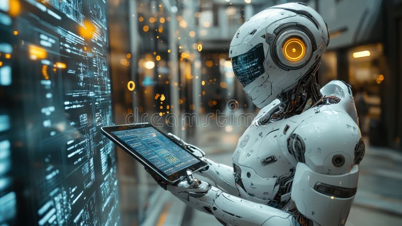 Humanoid Robot Explores Digital Data on an IPad Amidst Futuristic ...