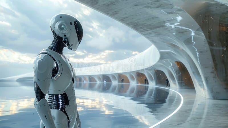 Futuristic Humanoid Robot Standing in an Abstract Architectural Space ...