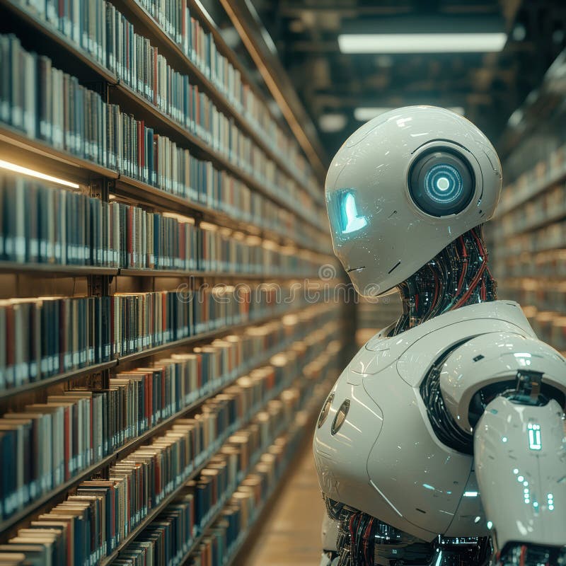 A Humanoid Robot Explores Rows of Bookshelves in a Library, Symbolizing ...