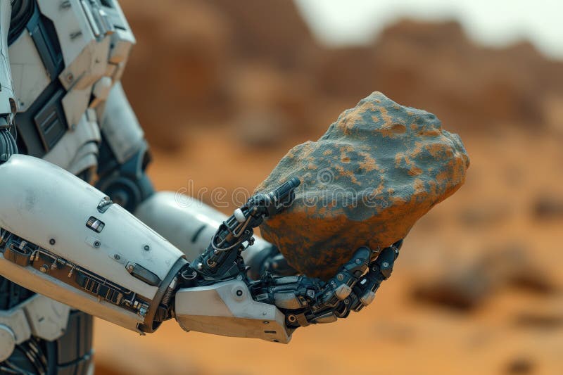 Humanoid Robot Exploring a Mineral Sample on the Planet Mars Stock ...