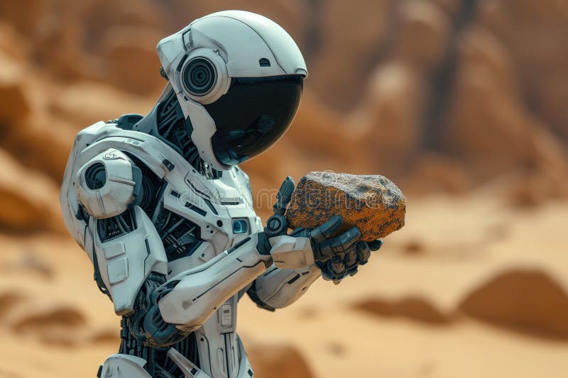Humanoid Robot Exploring a Mineral Sample on the Planet Mars Stock ...