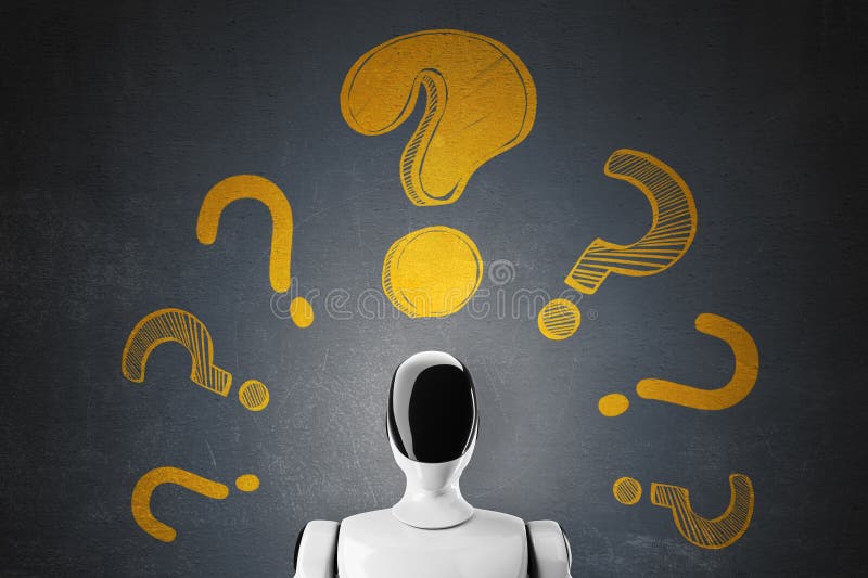 Humanoid Robot Facing Glowing Yellow Question Marks on Dark Background ...