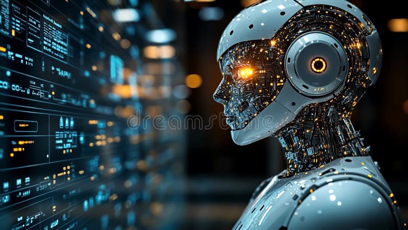 A Humanoid Robot with Intricate Circuitry Interacts with Digital Displays in a Modern Lab Stock ...