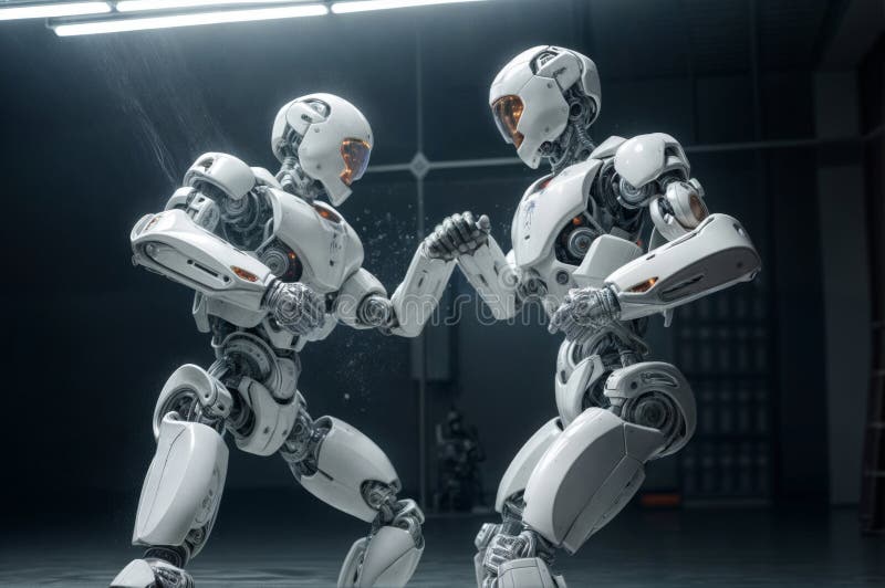 Humanoid Robot Fighting in Dark Room with Lights on Background Stock ...