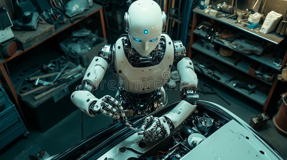 Humanoid Robot Fixing a Car in a Garage, AI Generated Stock ...