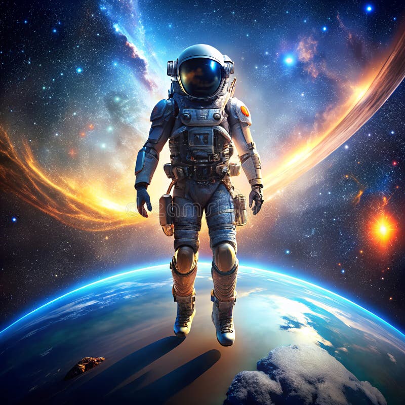 Humanoid Robot Floating in Deep Space Futuristic Sci-Fi Exploration ...