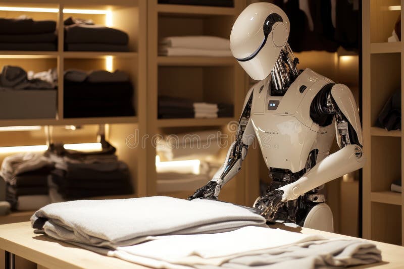 A Humanoid Robot Folding Clothes in a Modern Retail Environment Stock ...