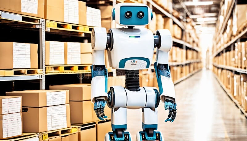 Robot in Warehouse Aisle stock image. Image of generated - 319202919