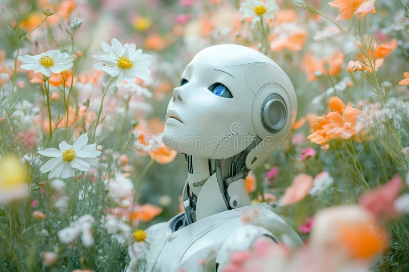 Humanoid Robot in a Garden of Flowers, AI Generated Stock Illustration ...