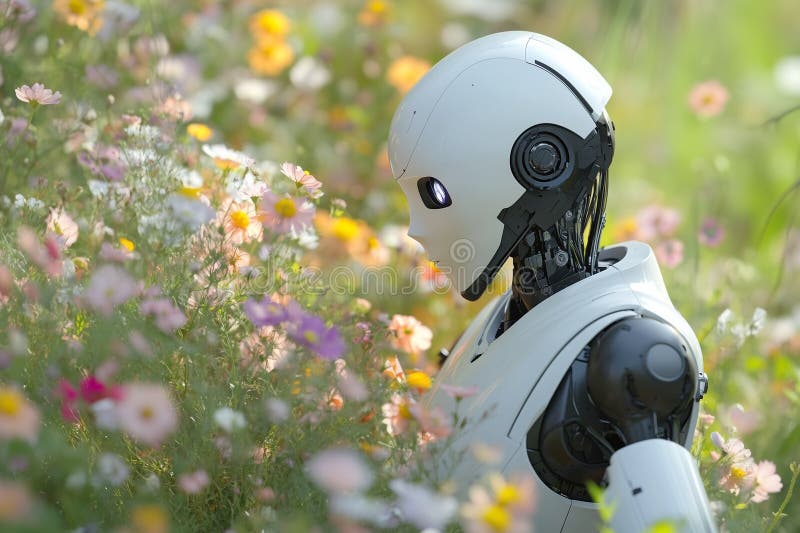 Humanoid Robot in a Garden of Flowers, AI Generated Stock Illustration ...