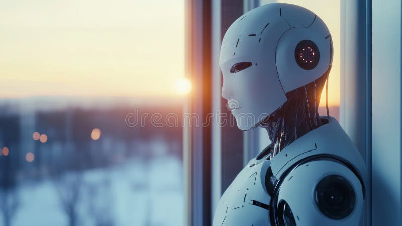 Humanoid Robot Gazing Out of a Window at Sunset with Soft Lighting ...