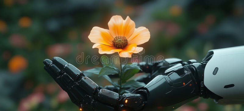 Humanoid Robot Gently Holds a Flower, Symbolizing Harmony between ...