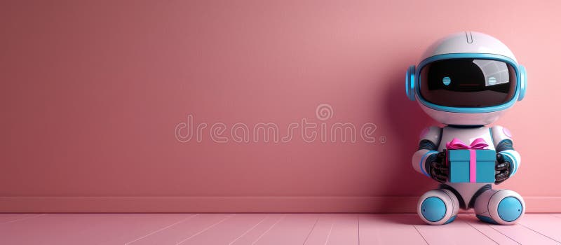 Humanoid Robot with Gift Box on Pink Background. Online Assistant Chat ...