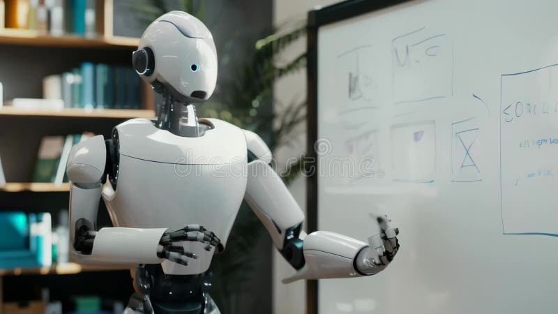 Humanoid Robot Giving a Presentation in an Office Setting, Standing in ...